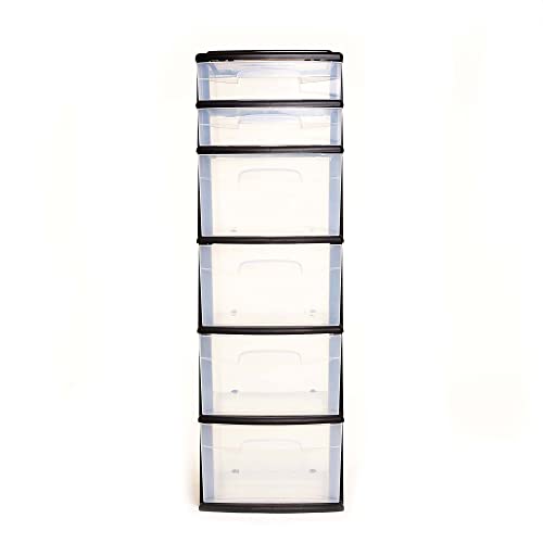 Homz Plastic 6 Clear Drawer Medium Home Storage Container Tower with 4 Large Drawers and 2 Small Drawers, Black Frame