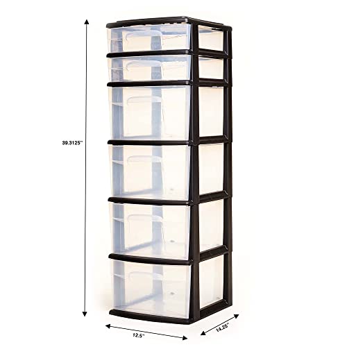 Homz Plastic 6 Clear Drawer Medium Home Storage Container Tower with 4 Large Drawers and 2 Small Drawers, Black Frame