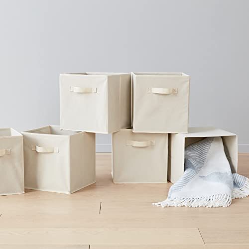 Amazon Basics Collapsible Fabric Storage Cubes Organizer with Handles, 10.5"x10.5"x11", Beige - Pack of 6