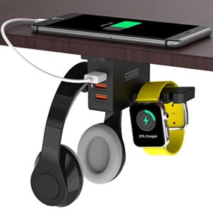 cozoo headphone stand with usb charger under desk headset holder mount with 3 port usb charging station and iwatch stand smart watch charging dock dual earphone hanger hook,ul tested