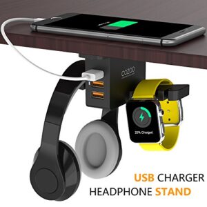 cozoo Headphone Stand with USB Charger Under Desk Headset Holder Mount with 3 Port USB Charging Station and iWatch Stand Smart Watch Charging Dock Dual Earphone Hanger Hook,UL Tested