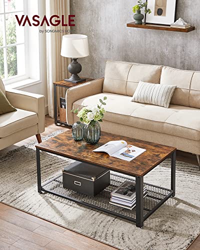 VASAGLE Coffee Table for Living Room, 2-Tier Cocktail Table, Center Table with Mesh Shelf, Steel Frame, Adjustable Feet, Industrial Style, Rustic Brown and Black ULCT61X