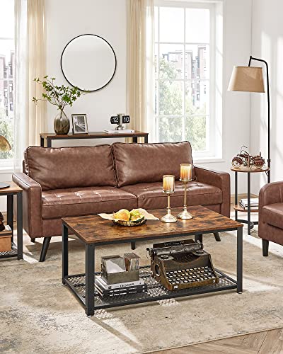 VASAGLE Coffee Table for Living Room, 2-Tier Cocktail Table, Center Table with Mesh Shelf, Steel Frame, Adjustable Feet, Industrial Style, Rustic Brown and Black ULCT61X