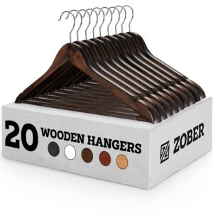 zober wooden hangers 20 pack - non slip wood clothes hanger for suits, pants, jackets w/ bar & cut notches - heavy duty clothing hanger set - coat hangers for closet - vintage