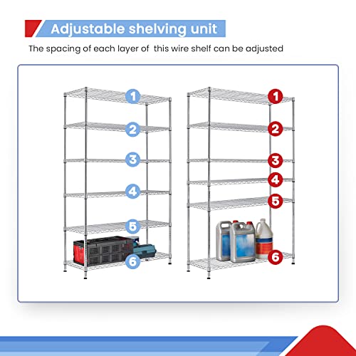 NSF Wire Shelf Organizer 6 Wire Shelving Unit Metal Storage Shelves, Utility Commercial Grade Heavy Duty Height Adjustable Leveling Feet Steel Layer shelf Rack 2100 LBS Capacity-18x48x72,Chrome