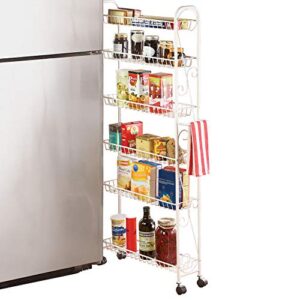 collections etc slim rolling pantry 6-tier shelf, white metal with elegant scroll design accent - extra kitchen and bathroom storage, 6"