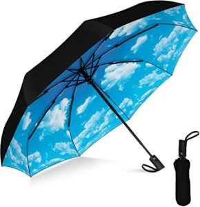 rain-mate compact travel umbrella - pocket portable folding windproof mini umbrella - auto open and close button and 9 rib reinforced canopy (blue sky)