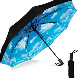 Rain-Mate Compact Travel Umbrella - Pocket Portable Folding Windproof Mini Umbrella - Auto Open and Close Button and 9 Rib Reinforced Canopy (Blue Sky)