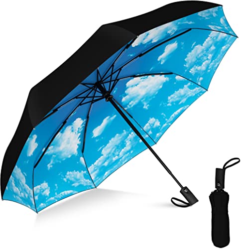 Rain-Mate Compact Travel Umbrella - Pocket Portable Folding Windproof Mini Umbrella - Auto Open and Close Button and 9 Rib Reinforced Canopy (Blue Sky)