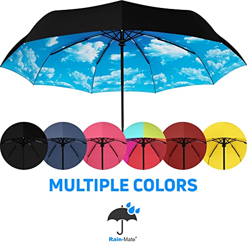 Rain-Mate Compact Travel Umbrella - Pocket Portable Folding Windproof Mini Umbrella - Auto Open and Close Button and 9 Rib Reinforced Canopy (Blue Sky)