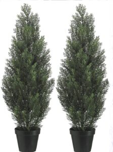 two 3 foot outdoor artificial cedar trees potted plants