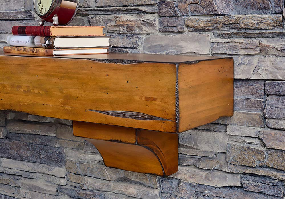 48 Inch Floating Fireplace Mantel Wood Shelf In Chestnut Rustic - Breckenridge From Mantels Direct | With Corbel Bracket Arches | Wooden Rustic Wall Shelf Perfect for Electric Fireplaces and Décor