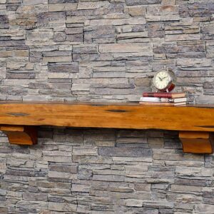 48 Inch Floating Fireplace Mantel Wood Shelf In Chestnut Rustic - Breckenridge From Mantels Direct | With Corbel Bracket Arches | Wooden Rustic Wall Shelf Perfect for Electric Fireplaces and Décor