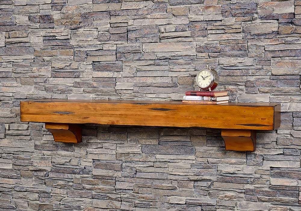 48 Inch Floating Fireplace Mantel Wood Shelf In Chestnut Rustic - Breckenridge From Mantels Direct | With Corbel Bracket Arches | Wooden Rustic Wall Shelf Perfect for Electric Fireplaces and Décor