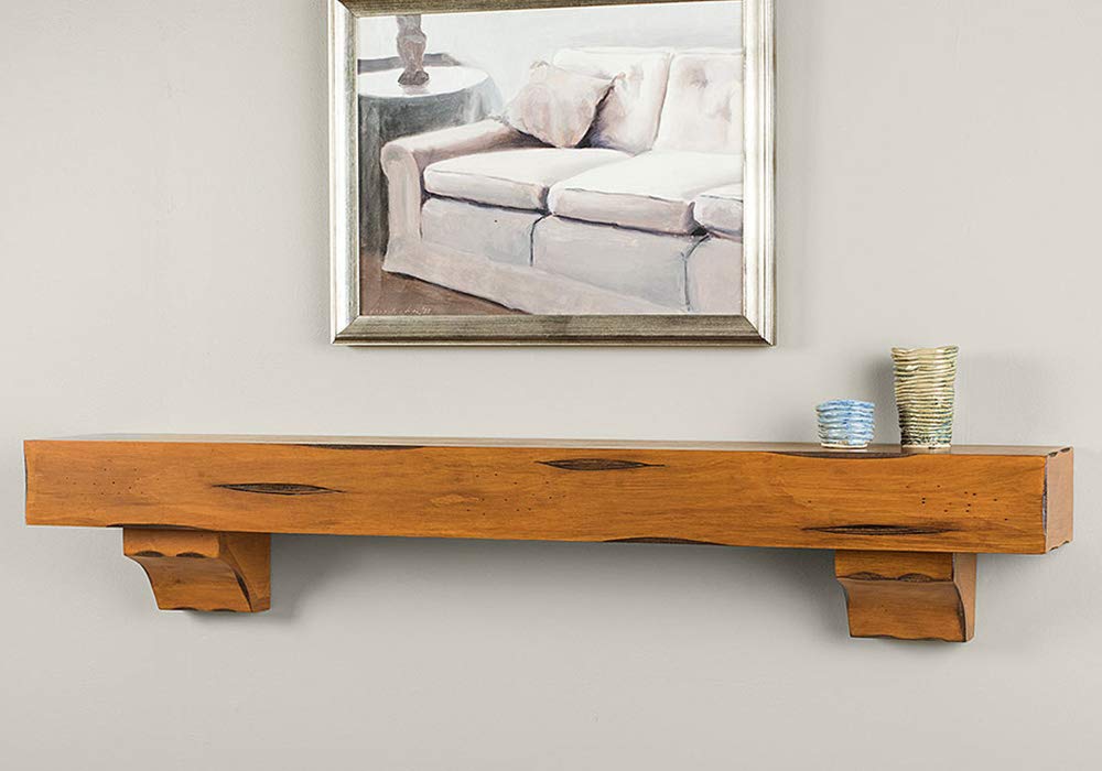 48 Inch Floating Fireplace Mantel Wood Shelf In Chestnut Rustic - Breckenridge From Mantels Direct | With Corbel Bracket Arches | Wooden Rustic Wall Shelf Perfect for Electric Fireplaces and Décor