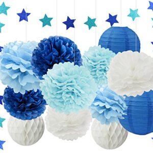 Furuix Boy Baby Shower Decorations 13pcs White Navy Blue Baby Blue Tissue Paper Pom Pom Paper Lanterns Blue Star Garland Honeycomb Ball for Birthday Decor, Bridal Shower Decor/Outer Space Party Decor