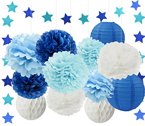 Furuix Boy Baby Shower Decorations 13pcs White Navy Blue Baby Blue Tissue Paper Pom Pom Paper Lanterns Blue Star Garland Honeycomb Ball for Birthday Decor, Bridal Shower Decor/Outer Space Party Decor