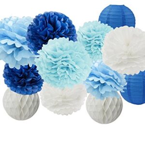 Furuix Boy Baby Shower Decorations 13pcs White Navy Blue Baby Blue Tissue Paper Pom Pom Paper Lanterns Blue Star Garland Honeycomb Ball for Birthday Decor, Bridal Shower Decor/Outer Space Party Decor