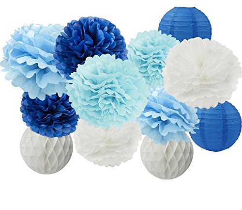 Furuix Boy Baby Shower Decorations 13pcs White Navy Blue Baby Blue Tissue Paper Pom Pom Paper Lanterns Blue Star Garland Honeycomb Ball for Birthday Decor, Bridal Shower Decor/Outer Space Party Decor