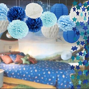 Furuix Boy Baby Shower Decorations 13pcs White Navy Blue Baby Blue Tissue Paper Pom Pom Paper Lanterns Blue Star Garland Honeycomb Ball for Birthday Decor, Bridal Shower Decor/Outer Space Party Decor