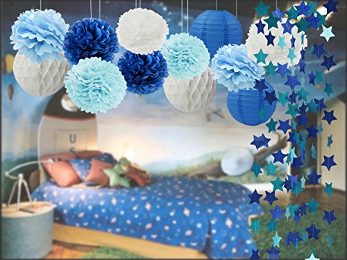 Furuix Boy Baby Shower Decorations 13pcs White Navy Blue Baby Blue Tissue Paper Pom Pom Paper Lanterns Blue Star Garland Honeycomb Ball for Birthday Decor, Bridal Shower Decor/Outer Space Party Decor