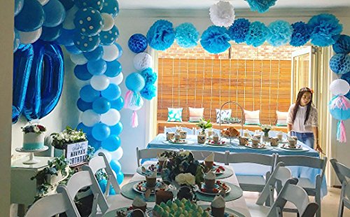 Furuix Boy Baby Shower Decorations 13pcs White Navy Blue Baby Blue Tissue Paper Pom Pom Paper Lanterns Blue Star Garland Honeycomb Ball for Birthday Decor, Bridal Shower Decor/Outer Space Party Decor