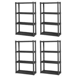 sterilite plastic indoor outdoor 4 shelf durable shelving unit for garage, basement, sun porch, outbuilding or shed, 50lb shelf max, gray, 4 pack