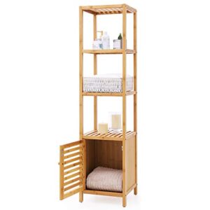 SONGMICS Bamboo Bathroom Storage Floor Cabinet, 4 Tiers Multifunctional Floor Shelving Unit, Free Standing Tower Corner Rack, Natural UBCB50Y