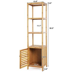 SONGMICS Bamboo Bathroom Storage Floor Cabinet, 4 Tiers Multifunctional Floor Shelving Unit, Free Standing Tower Corner Rack, Natural UBCB50Y