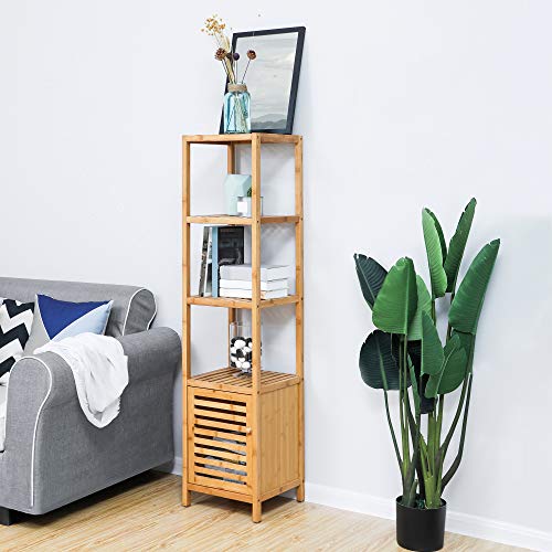 SONGMICS Bamboo Bathroom Storage Floor Cabinet, 4 Tiers Multifunctional Floor Shelving Unit, Free Standing Tower Corner Rack, Natural UBCB50Y