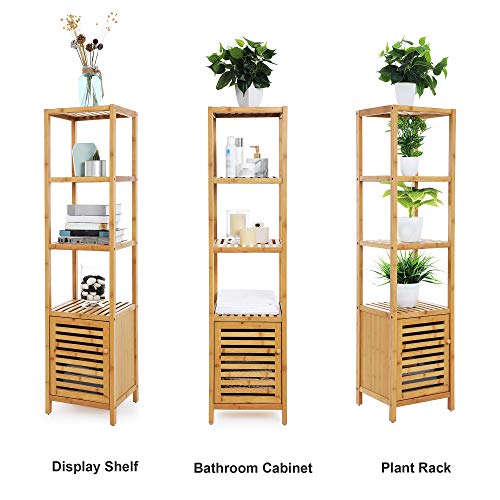 SONGMICS Bamboo Bathroom Storage Floor Cabinet, 4 Tiers Multifunctional Floor Shelving Unit, Free Standing Tower Corner Rack, Natural UBCB50Y