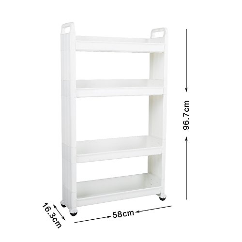 BAOYOUNI Rolling Slim Cart Between Washer Dryer Cabinet Storage Shelf Rack Narrow Slide Out Tower Organizer Space Saving Shelving Units with Wheels (4-Tier)