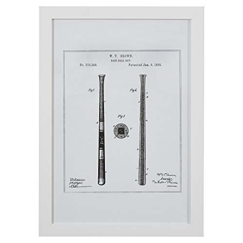 Amazon Brand – Stone & Beam Modern Gold Print of 1885 Baseball Bat Patent Wall Art, White Frame, 15" x 21"