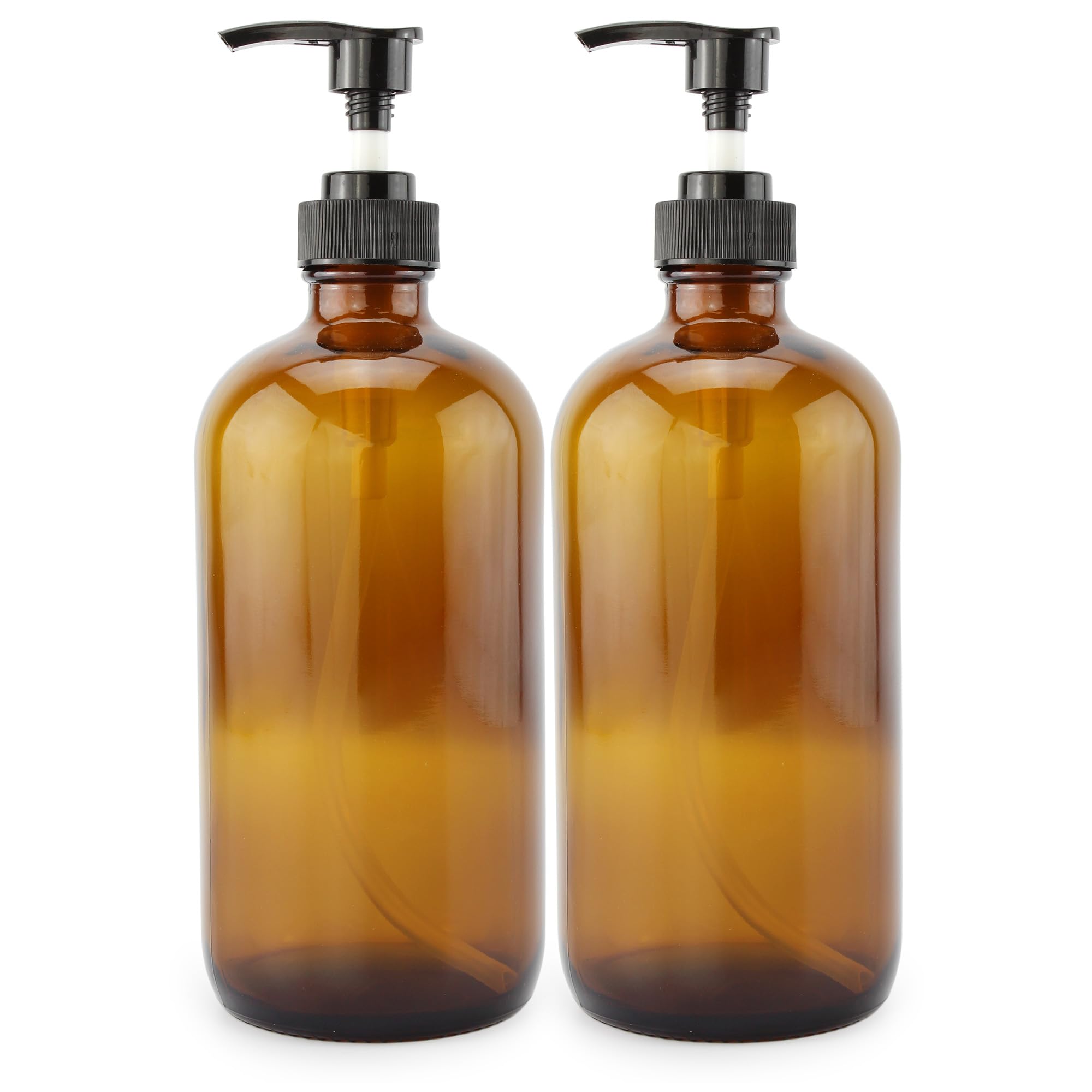 Cornucopia 16oz Amber Glass Bottles w/Pump Dispensers (2-Pack); Refillable Lotion Liquid Soap Pump Brown Bottles + Chalk Labels & Lids, BPA-Free Plastic Tops