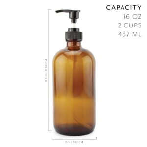 Cornucopia 16oz Amber Glass Bottles w/Pump Dispensers (2-Pack); Refillable Lotion Liquid Soap Pump Brown Bottles + Chalk Labels & Lids, BPA-Free Plastic Tops