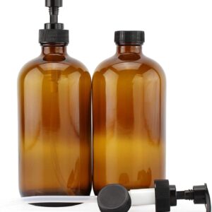 Cornucopia 16oz Amber Glass Bottles w/Pump Dispensers (2-Pack); Refillable Lotion Liquid Soap Pump Brown Bottles + Chalk Labels & Lids, BPA-Free Plastic Tops