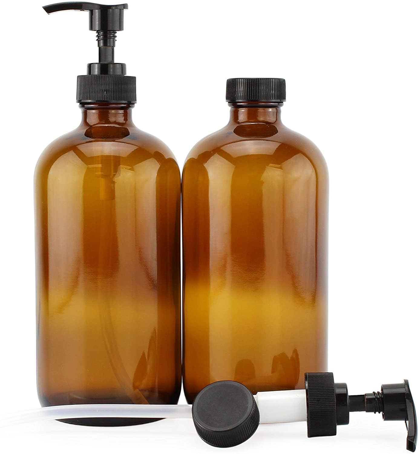 Cornucopia 16oz Amber Glass Bottles w/Pump Dispensers (2-Pack); Refillable Lotion Liquid Soap Pump Brown Bottles + Chalk Labels & Lids, BPA-Free Plastic Tops