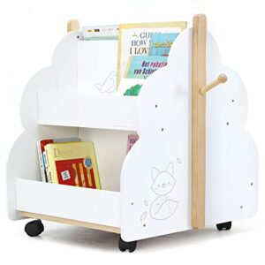 labebe baby wooden bookshelf, kids bookshelf with wheels for 36m+, book rack wood/kid bookcase/children bookshelf/toddler book case/children books display self/infant book toy storage white