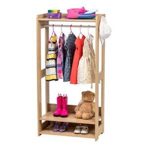 iris usa open wood clothing costume garment hanging rack armoire wardrobe dresser organizer with shoe shelves and side hook, for nursery, kids room, closet, dress-up center, small spaces, light brown