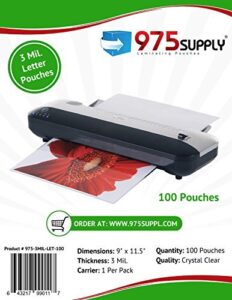 975 supply 3 mil clear letter size thermal laminating pouches, 9 x 11.5 inches, 100 sheets