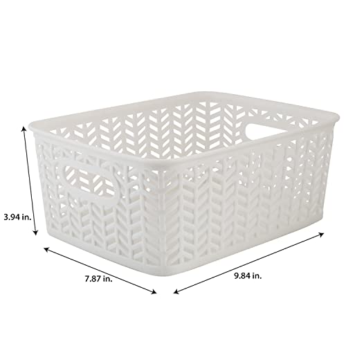 Simplify Small Herringbone Bin | Storage Tote Basket | Organizer | Decorative | Good for Closets | Countertops | Desks | Dressers | Accessories | Cleaning Products | Sports Equipment | Toys | White