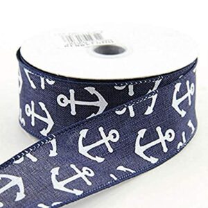 craig bachman imports 1.5"x10yd wired basic anchor ribbon, navy blue/white