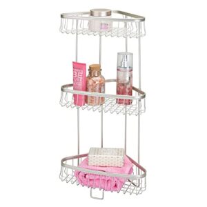 mdesign metal 3-tier bathroom corner shower shelf - free standing vertical unit storage shelves - for organizing soaps, shampoos, conditioner, fash face, body scrubs, body washes - 3 baskets - satin