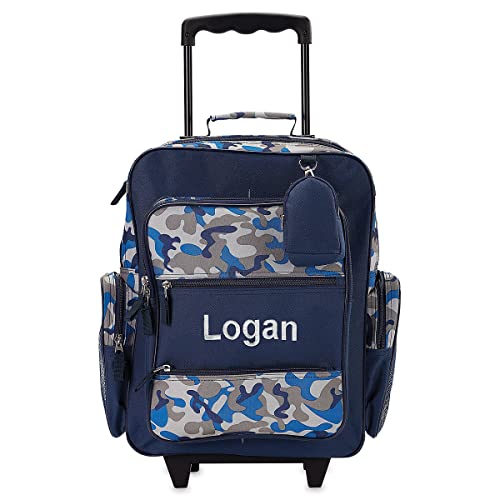 Lillian Vernon Personalized Rolling Luggage for Kids Blue Camo Design, 5" x 12" x 20"H