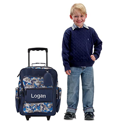 Lillian Vernon Personalized Rolling Luggage for Kids Blue Camo Design, 5" x 12" x 20"H