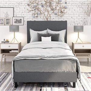 DHP Janford Upholstered Platform Bed with Modern Vertical Stitching on Rectangular Headboard, Twin, Gray Linen