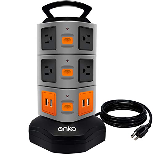 Power Strip Tower, ANKO 3000W 13A 16AWG Surge Protector Electric Charging Station, 10 Outlets 4 USB Ports 6 feet Heavy Duty Extension Cord Universal Charging Station