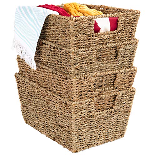 Best Choice Products Rustic Set Of 4 Multipurpose Stackable Seagrass Storage Basket, Handwoven Laundry Organizer Totes for Bedroom and Living Room, Shelves, Pantry w/Insert Handles - Natural