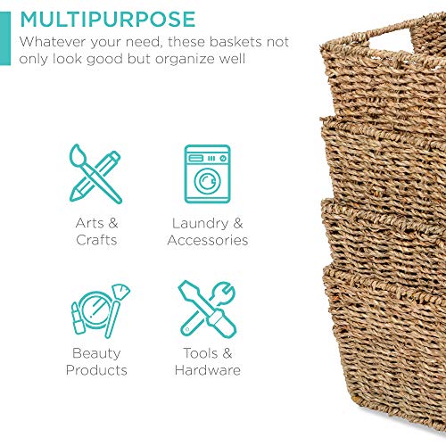 Best Choice Products Rustic Set Of 4 Multipurpose Stackable Seagrass Storage Basket, Handwoven Laundry Organizer Totes for Bedroom and Living Room, Shelves, Pantry w/Insert Handles - Natural