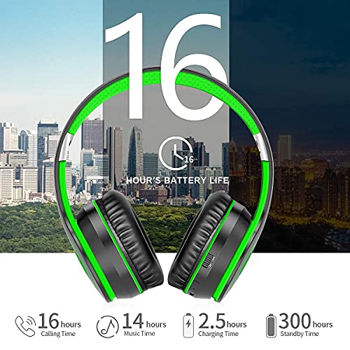 LOBKIN Bluetooth Foldable Headband Microphone &Audio Cable,Hi-Fi Stereo Wireless Headset,Noice Cancelling Soft Earmuffs,TF Card MP3,FM Radios Headphones for Online Class/iPhone/iPad/PC (Green)